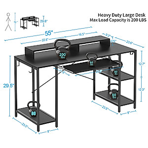 HYPIGO Workstation Desk with Keyboard Tray, 55 Inch Computer Desk with Storage Shelves Monitor Stands and 4 Iron Hooks, Industrial Desk for Home Office