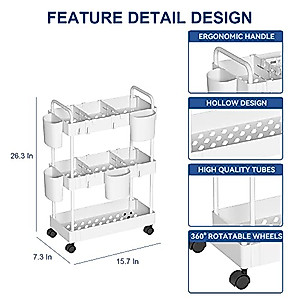 VANDHOME 3-Tier Storage Rolling Cart Slide Out Storage Rolling Utility Cart, Mobile Shelving Unit Storage Shelves Multifunctional Organizer Slide Out Trolley Cart for Kitchen Bathroom - White