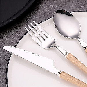 Wood Silverware Set for 8 Modern Cutlery Utensils Stainless Steel Flatware Set 40 Piece Knives Forks Spoons Tableware for Home Kitchen Restaurant Wooden Handle Dinnerware Sets