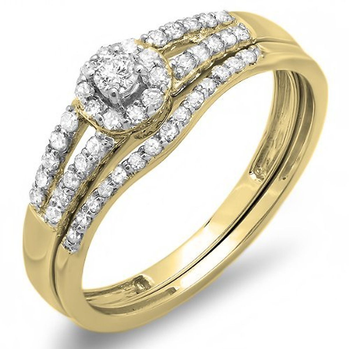 Dazzlingrock Collection 0.40 Carat (ctw) 18k Round Diamond Women Split Shank Halo Style Ring Engagement Matching Wedding Band Set, Yellow Gold, Size 8