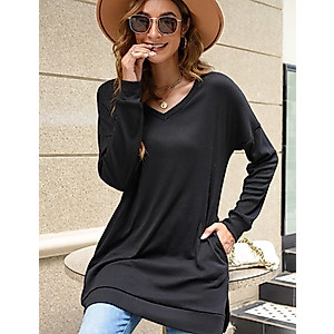 LERUCCI Womens Casual Long Sleeves Solid V-Neck Tunics Tops with Pockets Black X-Large