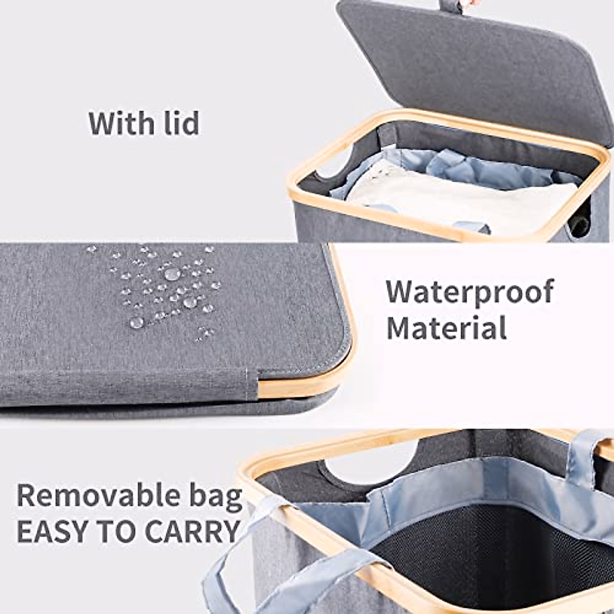 Airrniss Laundry Hamper with lid, 100L Waterproof-Laundry Basket, Collapsible-Tall-Clothes Hamper with Removable-Laundry Bags for Bedroom, Laundry Room, Closet, Bathroom, College Grey