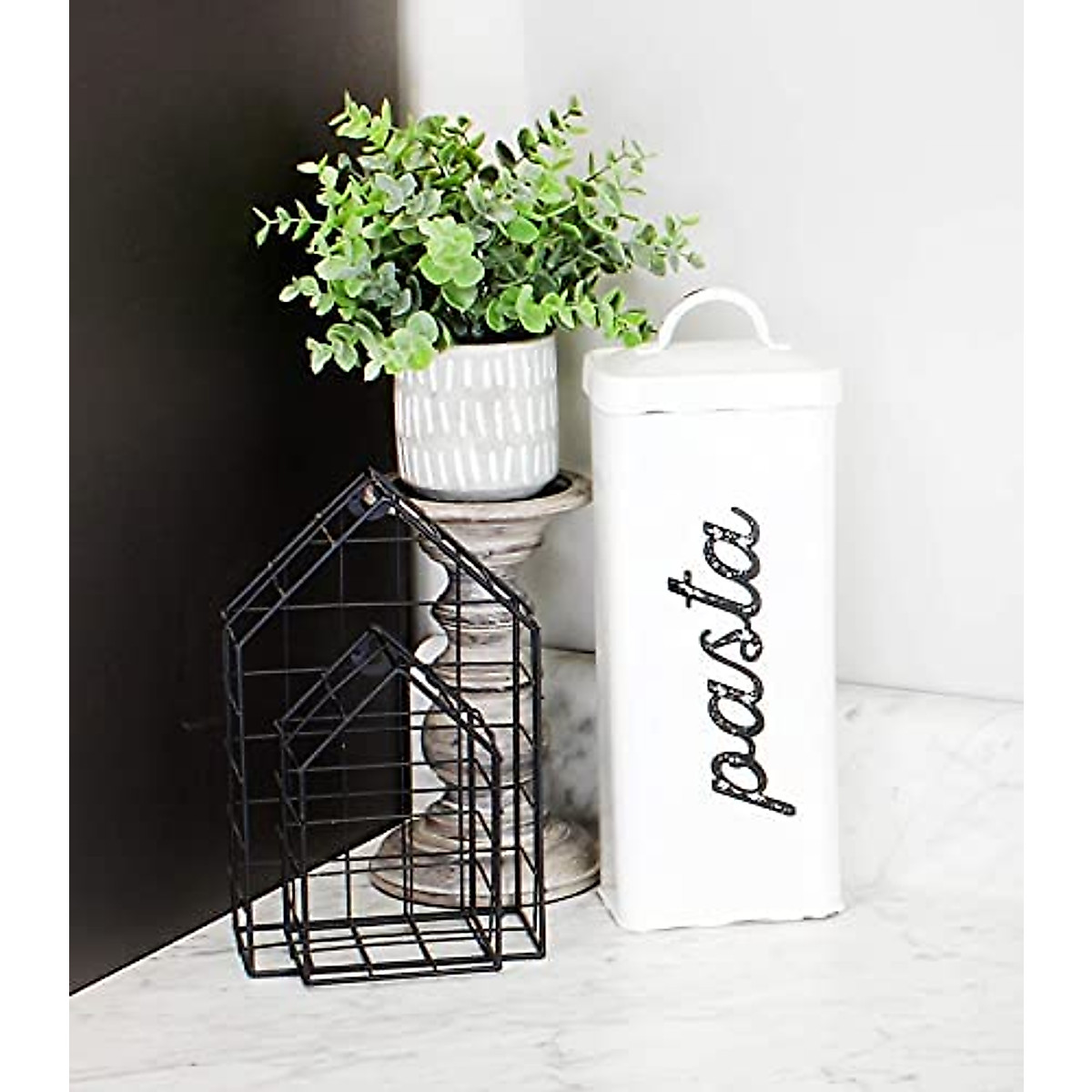 AuldHome Rustic Spaghetti Canister, Distressed White Enamelware Farmhouse Tall Pasta Storage Container