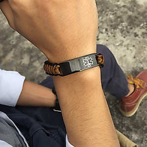 VNOX Customize Medical Alert 13MM Handmade Braided Rope Stainless Steel ID Paracord Adjustable Bracelet,Brown