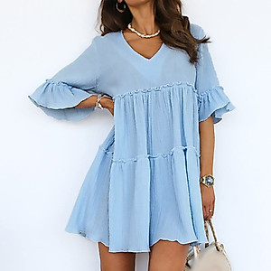Dresses for Wedding Guest Women Solid Color V Neck Short Sleeve Casual Shirt Dress Beach Holiday Dress for Women