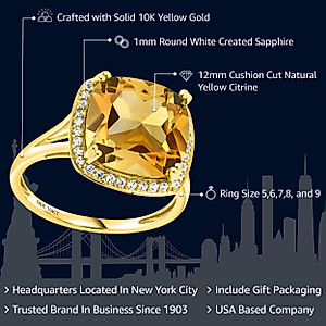 Gem Stone King 10K Yellow Gold Yellow Citrine & White Created Sapphire Ring For Women | 6.09 Cttw | Cushion Cut 12MM | Gemstone Birthstone | Ring Size 5-9