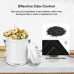 VIVOSUN Indoor Compost Bin, 1.3 Gallon Stainless Steel Compost Bucket with Lid for Kitchen Food Waste - Includes 2 Charcoal Filter, White
