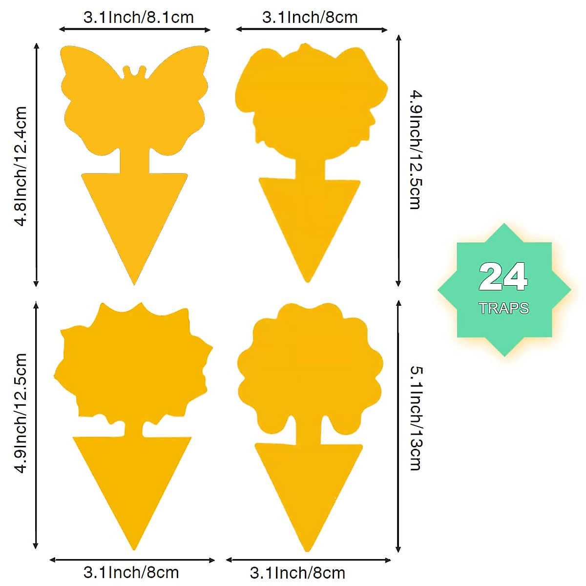 PLANTCHY 24 Pcs Fruit Fly Traps Yellow Sticky Traps Pest Insect Bug Catcher Killer Fungus Gnat Traps for House Indoor Outdoor Plants and Kitchen, Non-Toxic and Odorless, 4 Shapes