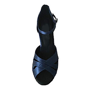 Womens Latin Salsa Dance Shoes 3 Inches Flared Heel Open Toe Ballroom Party Soft Sole Professional Indoor Satin Dancing Sandals (Navy, Numeric_6)