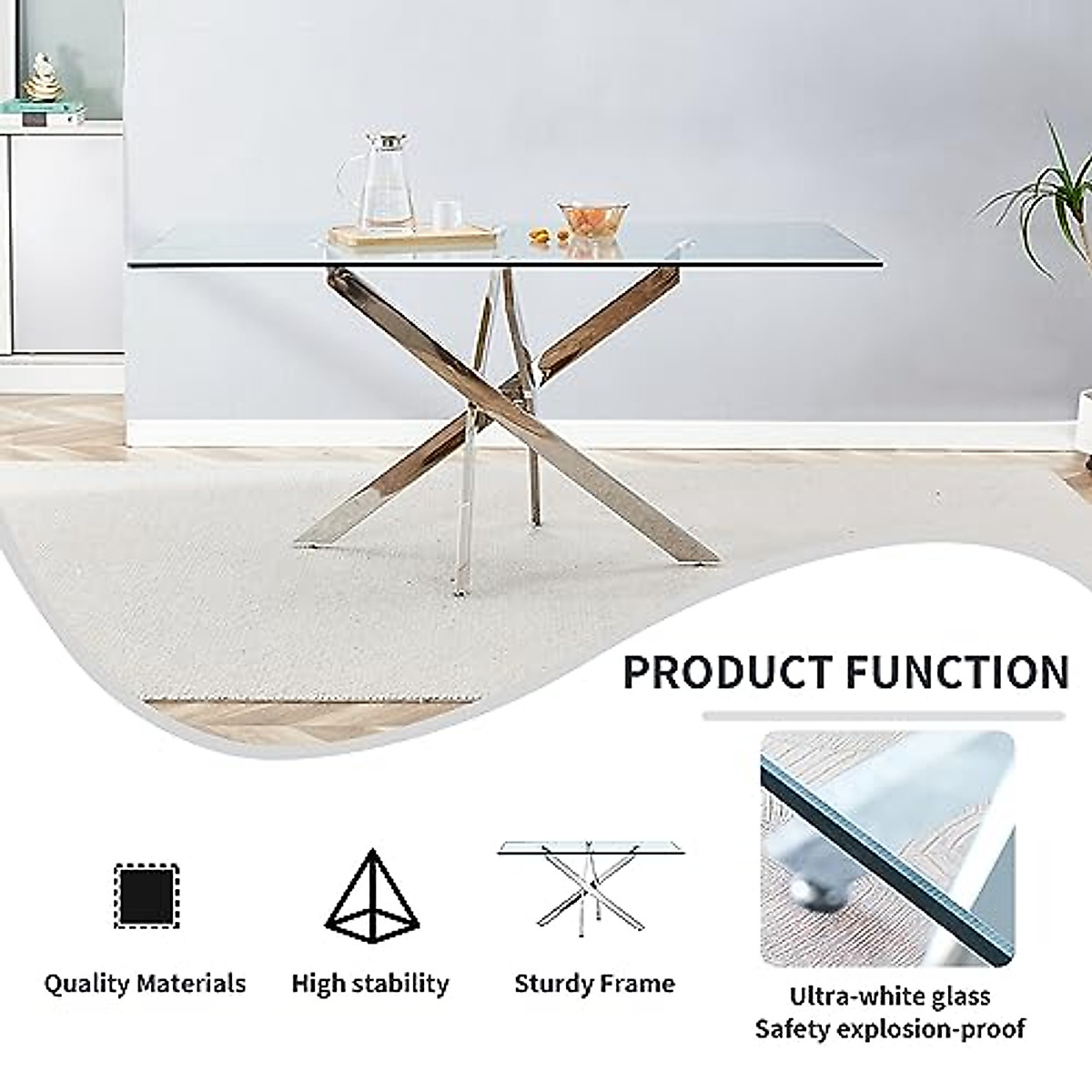 63" Glass Dining Table for 6, Rectangular Glass Dining Room Table with 0.39" Tempered Glasstop & Silver Stainless Steel Pedestal Base, Modern Dining Table for Kitchen Dining Living Room