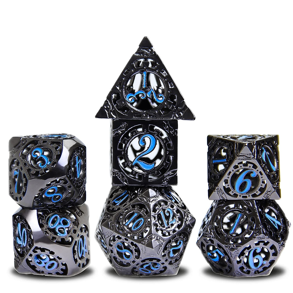 BEWTEIM New Version Steampunk Gear DND Dice Set 7pcs Polyhedral Dice d&d Dungeons and Dragons Dice Gifts RPG,MTG,Pathfinder Role Playing Games (Black Blue, Hollow)