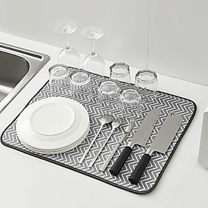 SUBEKYU Dish Drying Mat for Kitchen Counter, Microfiber Absorbent Dishes Drainer/Rack Pads under Sink, 19.6 by 16.1 inches, Set of 2, Grey, Ripple