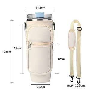 RUNBFUUY Water Bottle Carrier Bag Water Bottle Holder for 30/40Oz Tumbler with Strap and Pockets, Adjustable Strap for Outdoor Sports Camping Hiking Travelling, White