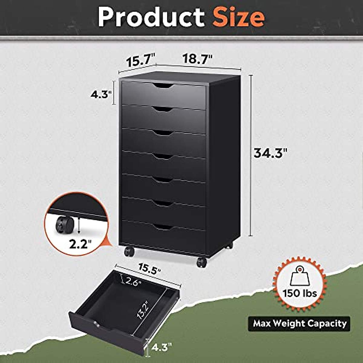 DEVAISE 7-Drawer Chest, Wood Storage Dresser Cabinet with Wheels, Black