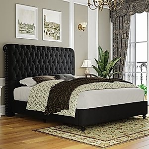 PaPaJet Bed Frame King Size Velvet Upholstered Sleigh Bed Platform with Deep Button Tufted Rolled Edge Headboard, Wood Slats Support/No Box Spring Needed/Black