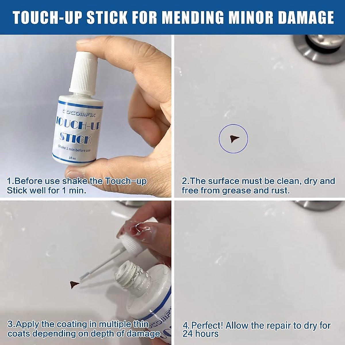 Cocomfix Porcelain Repair Kit, High-Gloss White Porcelain Sink Touch Up Paint for Kitchen + Bathrooms: Enamel, Porcelain, Sinks, Tubs