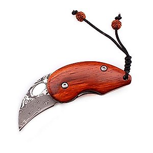 Samior Small Penguin Damascus Mini Karambit Folding Pocket Knife, 1.38" Claw VG10 Blade with Thumb Hole Open, Rosewood Handle with liner Lock and Lanyard Leather Sheath, 2.1oz
