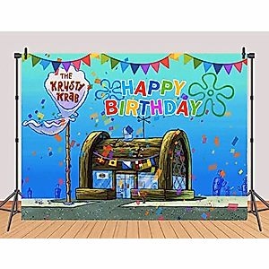 QHY Cartoon Animation Spongebob Theme Photography Backdrop Children Happy 1st Birthday Party decors Banner The Krusty Krab Photo Background Vinyl Baby Shower Booth Studio Props 8x6FT