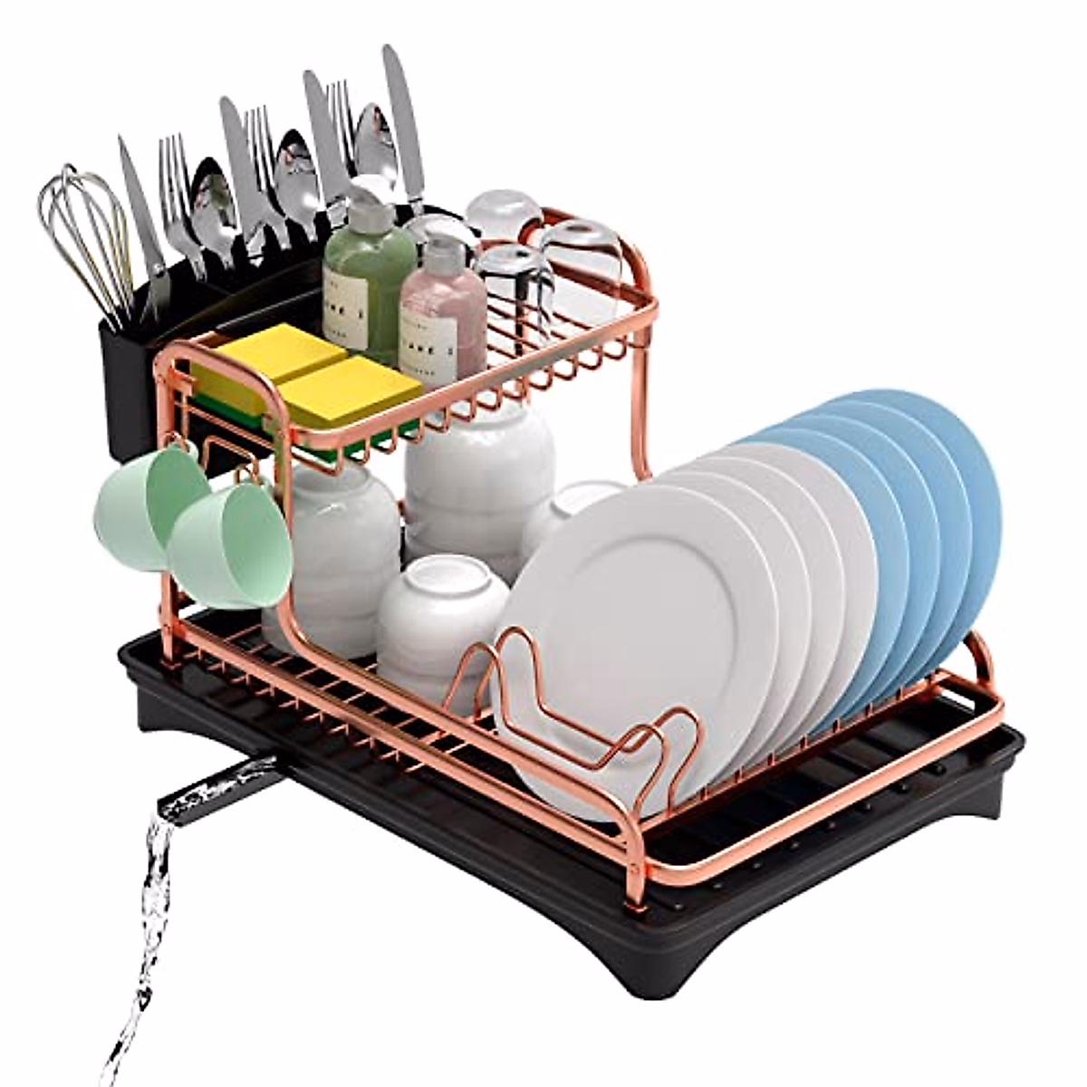 CAOANTRY Aluminum Dish Drying Rack, 2-Tier Rustproof Dish Rack with Automatic Drainborad Set, Small Dish Drainers- Space Saver for Kitchen Countertops, Rose Gold