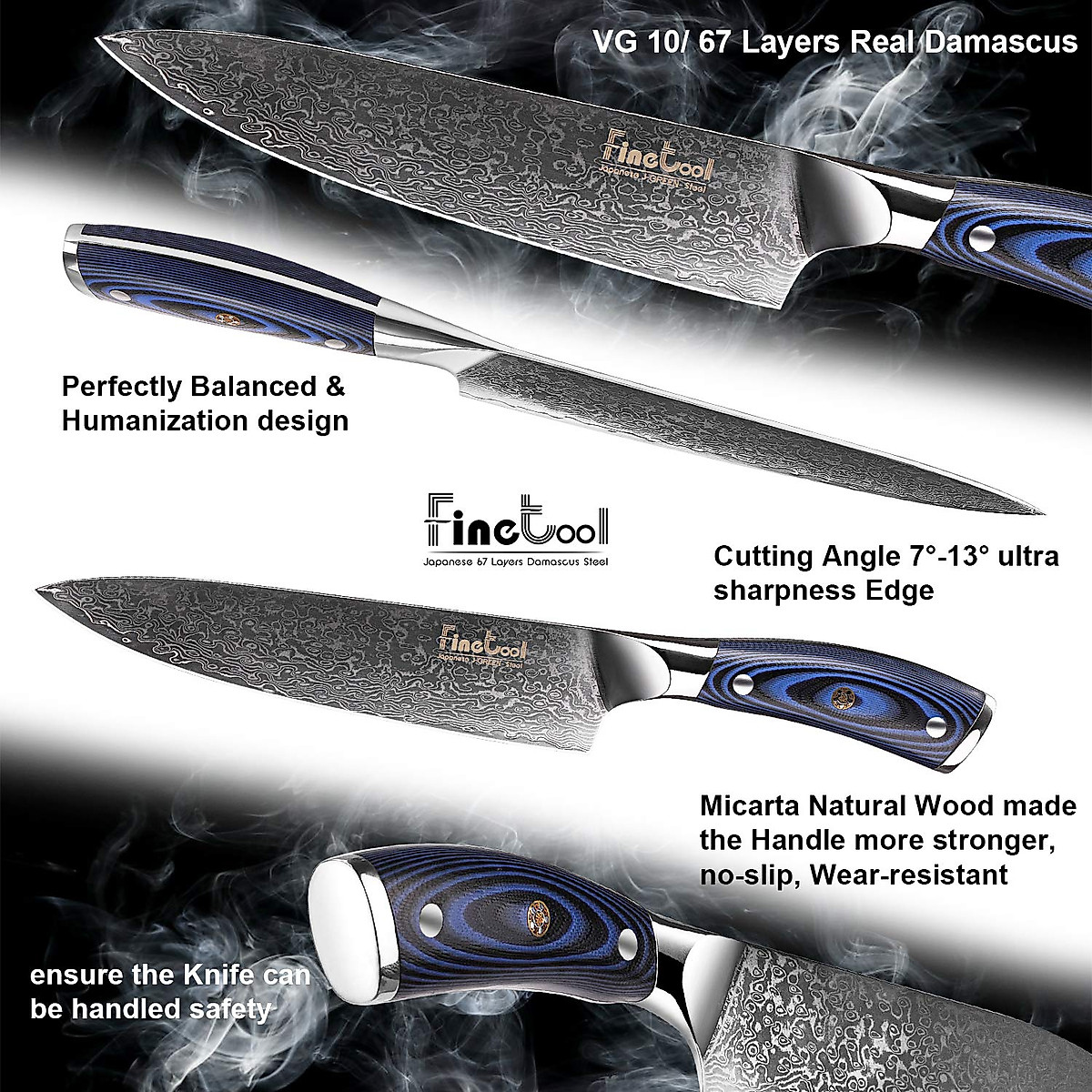 Chef Knives,FineTool 8 inch Professional Kitchen Knife Japanese Damascus VG10 67 Layer Stainless Steel Knives with Ultra Sharp Blue Micarta Handle