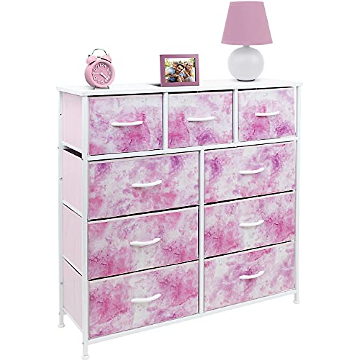 Sorbus Kids Dresser with 9 Drawers - Furniture Storage Chest Tower Unit for Bedroom, Hallway, Closet, Office Organization - Steel Frame, Wood Top, Tie-dye Fabric Bins (Pink, Tie-dye)