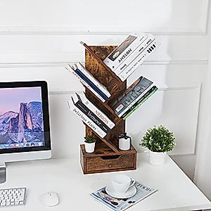 Tree Bookshelf with Drawers, 6-Tier Book Storage Organizer Shelves Floor Standing Bookcase for Magazine/Book, with Modern Wood Storage Rack Display Shelves Cabinet for Living Room/Bedroom/Office
