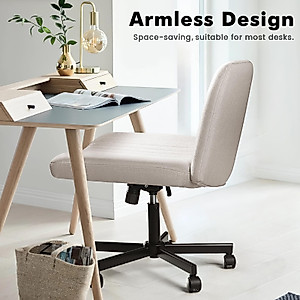 LEMBERI Criss Cross Chair with Wheels, Fabric Padded Armless Wide Seat Cross Legged Office Chair, Mid Back Swivel Computer Task Vanity Chairs for Home, Make Up,Small Space, Bed Room(Beige)