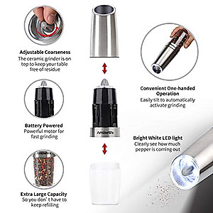 Gravity Salt and Pepper Mill Set - Battery Operated Automatic Salt and Pepper Mills,Adjustable Coarseness,One-Handed Operation,Utility Brush,Stainless Steel by AmuseWit
