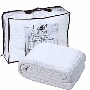 HILLFAIR 100% Soft Premium Combed Cotton Thermal Blanket– Queen Blankets– Soft Cozy Warm Cotton Blanket– Bed Throw Blanket– Queen Bed Blankets– All Season Cotton Blanket– White Queen Cotton Blankets