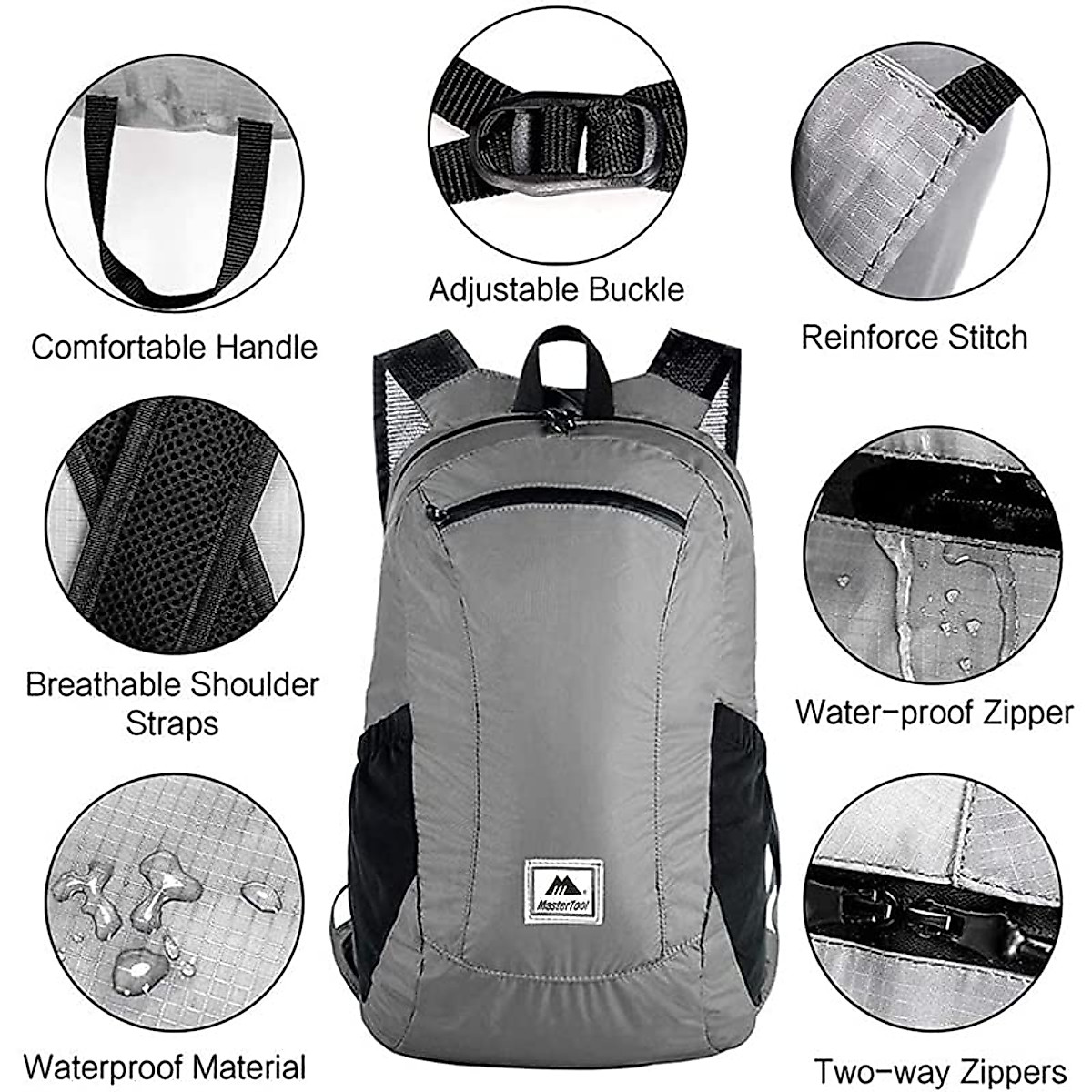MasterTool Hiking Daypack, Water Resistant Lightweight Packable Foldable Backpack for Travel Camping Outdoor, Black, (291-2243-06), 20L