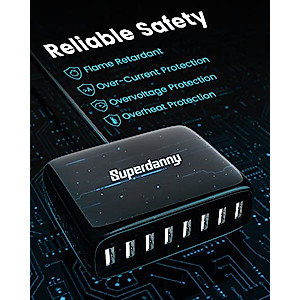 USB Charger Station, SUPERDANNY 8-Port Desktop Charging Station for Multiple Devices, Compatible with iPhone 11/X/Xs/Max/XR/SE/8/Plus, iPad Pro/Air/Mini, AirPods, Galaxy S10 Note, LG, and More, Black