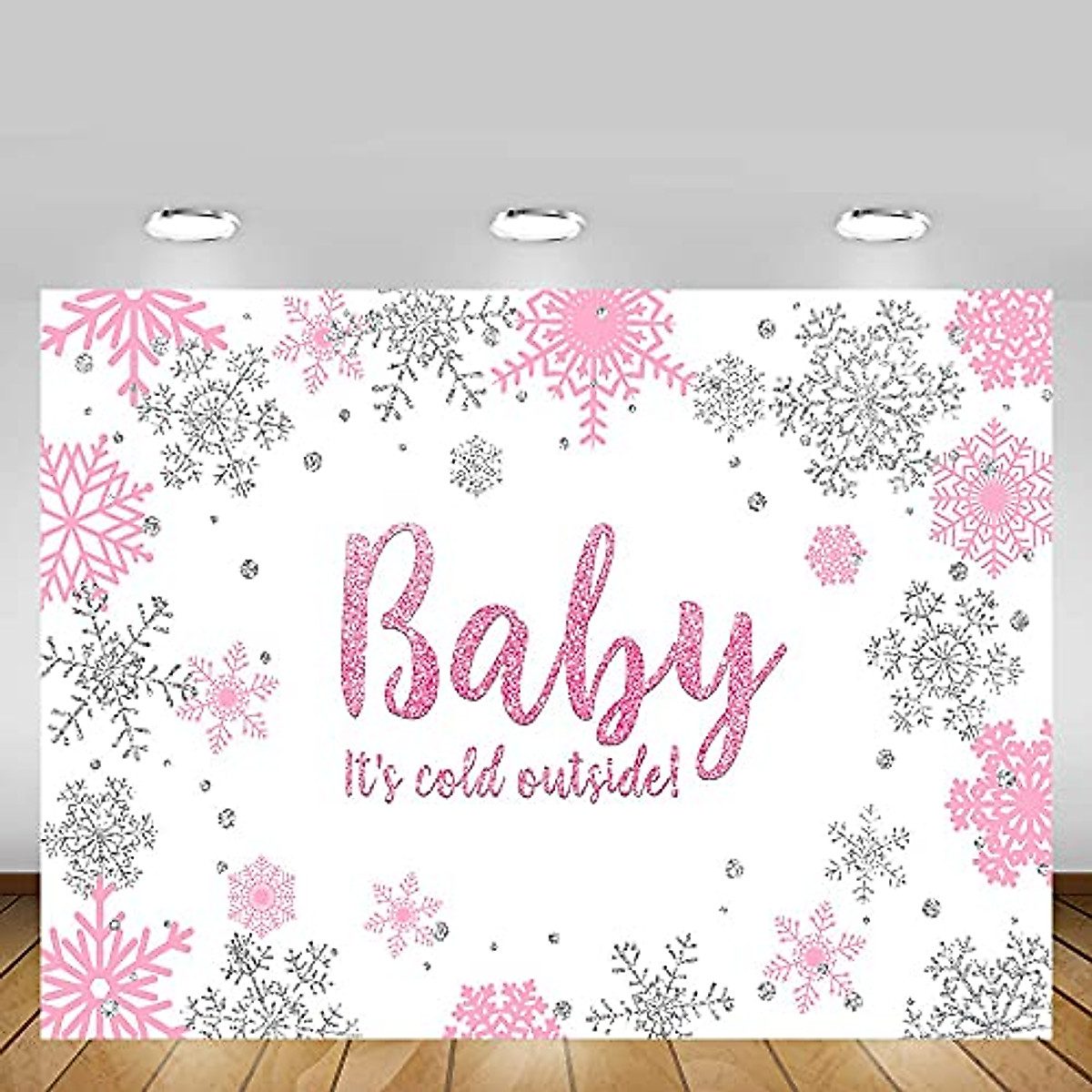 MEHOFOTO 8x6ft Winter Girl Baby Shower Photo Background Props Snowflakes Pink and Silver Backdrops Party Decoration Baby It's Cold Outside Photo Photo Banner for Dessert Table Supplies