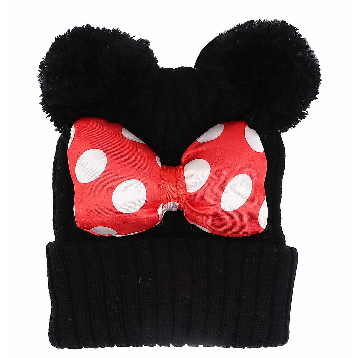 Toddler Girls Winter Beanie Hats with Pom Poms Warm Knit Baby Cap with Cute Mouse Ears Bowknot Black