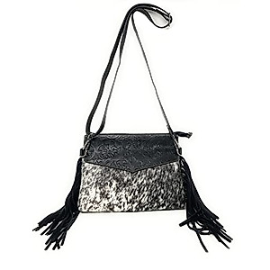 Texas West Handcrafted Genuine Leather Western Cowhide Womens Fringe Clutch Crossbody Bag in 3 Colors (Black)