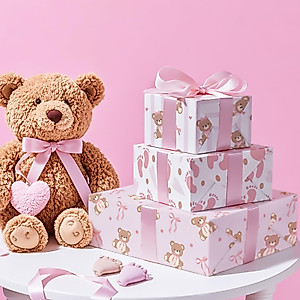 WRAPAHOLIC Baby Shower Wrapping Paper Roll - Mini Roll - 3 Rolls - 17 Inch X 120 Inch Per Roll - Butterfly Girl, Little Bear, Moon, Stripe Design for Kids