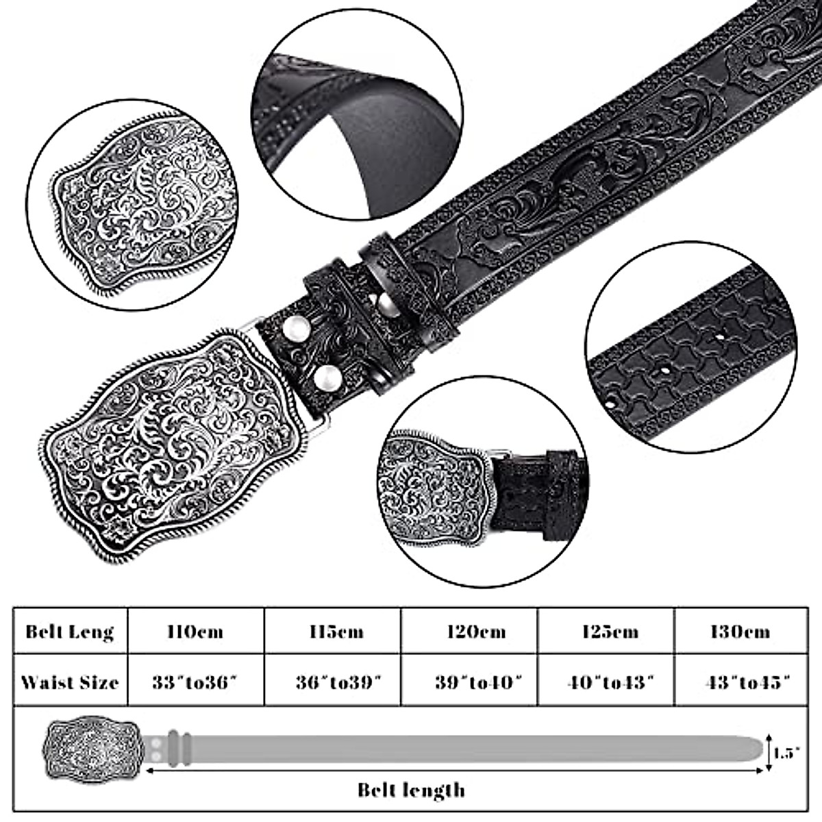 Xuniea Mens Cowboy Western Leather Buckle Belt Engraved Floral Buckle Belt Vintage Embossed Belt, 1-1/2 Inch Wide (Black,45 Inch)