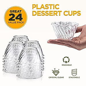 [24 Pack] Plastic Dessert Cups 5 oz - Clear Mini Ice Cream Sundae Tasting Bowls, Individual Swirl Tulip Shape Dish Holder, Salad Appetizer Chocolate Candy Serving in Party Buffet, Commercial Home Use