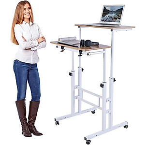 AIZ Mobile Standing Desk, Adjustable Computer Desk Rolling Laptop Cart on Wheels Home Office Computer Workstation, Portable Laptop Stand for Small Spaces Tall Table for Standing or Sitting, Oak
