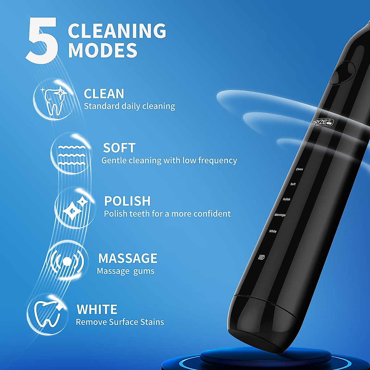 Electric Toothbrush Sonicare with 6 Brush Heads, Toothbrush for Adults and Kids, 30000 VPM, Deep Clean 5 Modes with 2 Minutes Timer, Tongue Coating Brush, One Charge for 70 Days (009 Black)