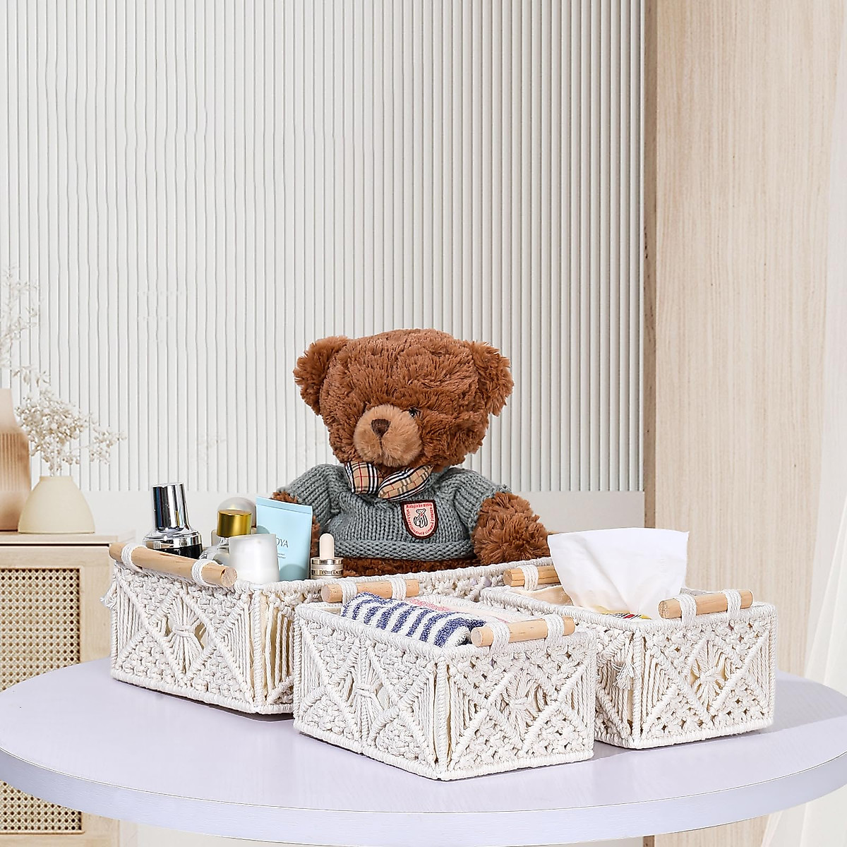 ANMINY Macrame Storage Baskets 3PCS Handmade Woven Cotton Rope Storage Bins Set Decorative Boho Boxes with Wood Handles Removable Washable Linen Liner Countertop Toilet Tank Shelf Cabinet Organizer