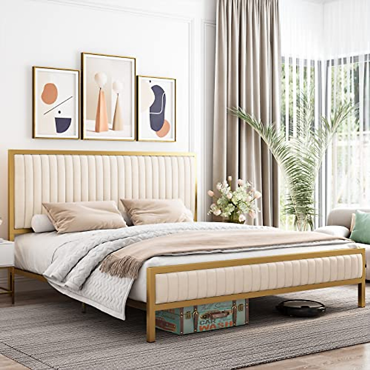 HIFIT Queen Size Bed Frame, Queen Bed Frame with Headboard, Heavy Duty Metal Foundation, Upholstered Bed Frame with Velvet Tufted Headboard, Wood Slat Support, No Box Spring Needed, Gold & Ivory White