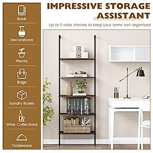 Tangkula 5-Tier Bookshelf, Modern Wall Mounted Ladder Shelf, 5 Tiers Wood Wall Open Bookcase with Metal Frame, Home Office Display Storage Shelves for Collection, Plant Flower Stand (1, Brown)