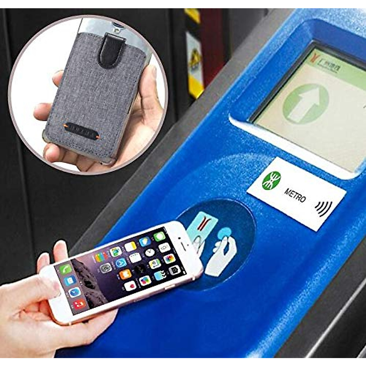 BIAJIYA Card Holder for Back of Phone RFID 5 Pull Credit Card Cash Cell Wallet Pocket Canva Leather Case for Smartphones (Black)