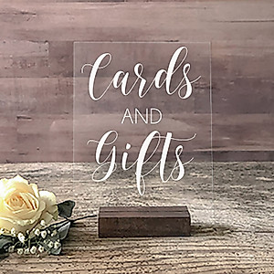 Cards and Gifts Acrylic Sign With Acrylic Base | 8x10 Lucite Wedding Decor | Acrylic Wedding Cards Table Sign (5X7, Dark Walnut Stand)