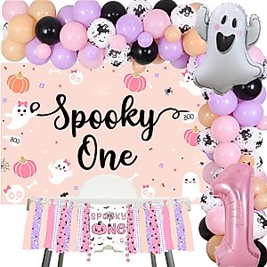 Fangleland Halloween Spooky One 1st Birthday Decorations for Girls - Pink and Purple Balloons Garland Arch Kit Ghost Balloons Backdrop, First Bday Party Supplies for One Year Old Girl