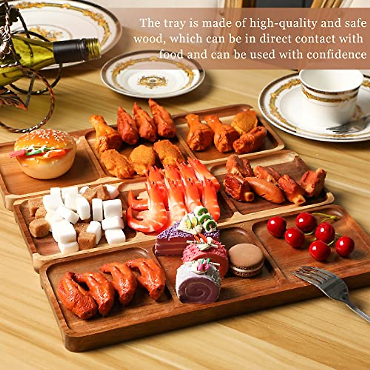 4 Pcs Solid Acacia Wood Serving Trays 14 x 5 Inch 3 Grids Rectangular Wooden Serving Platters for Home, Food, Vegetables, Fruit, Cheese, Appetizer Serving Tray, Charcuterie Board