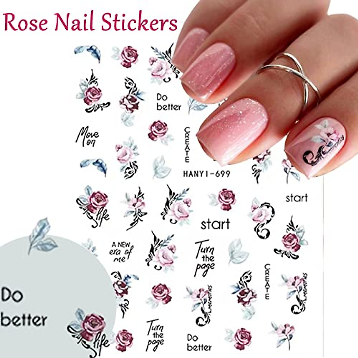 Baoximong 9 Sheets Flower Nail Art Stickers Decals 3D Self-Adhesive Nail Decals Spring Floral Nail Art Supplies Charming Daisy Leave Peony Nail Accessories for Women Nail Decorations Design