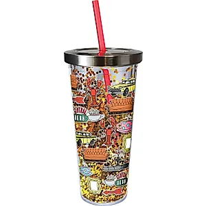 Spoontiques - Glitter Filled Acrylic Tumbler - Glitter Cup with Straw - 20 oz - Stainless Steel Locking Lid with Straw - Double Wall Insulated - BPA Free - Friends