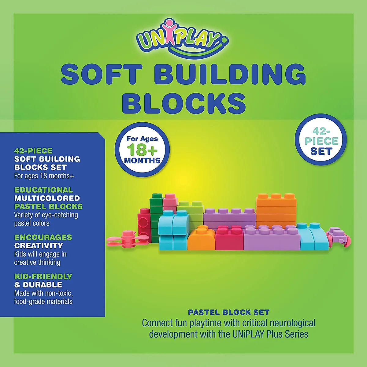 UNiPLAY Plus Soft Building Blocks — Creativity Toy, Educational Play, Cognitive Development, Early Learning Stacking Blocks for Infants and Toddlers, Pink (42-Piece Set)