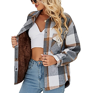 APAFES Women’s Warm Plaid Shirt Soft Sherpa Lined Shacket Casual Snap Fastener Truck Jacket with Pockets(643-GreyKhaki-M)